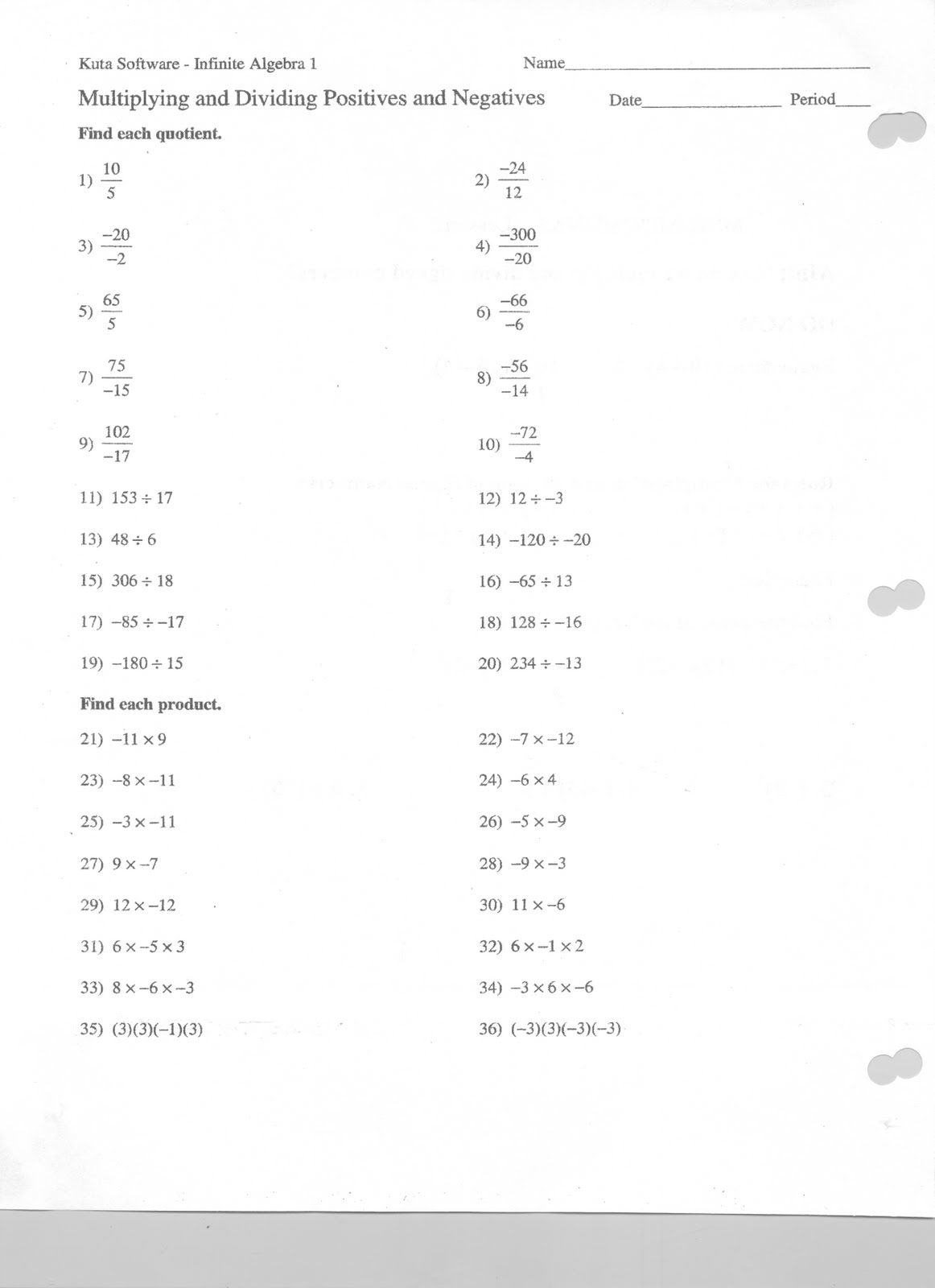 Multiplying And Dividing Signed Numbers
