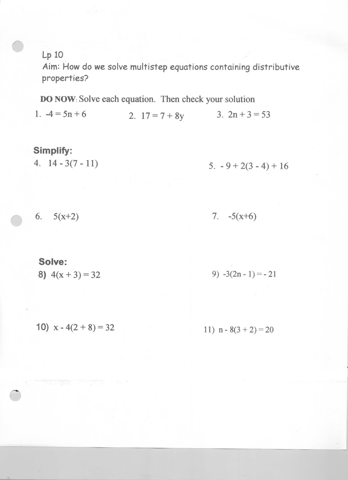 Mr. Napoli's Algebra: Aim: 1) How solve equations using the ...