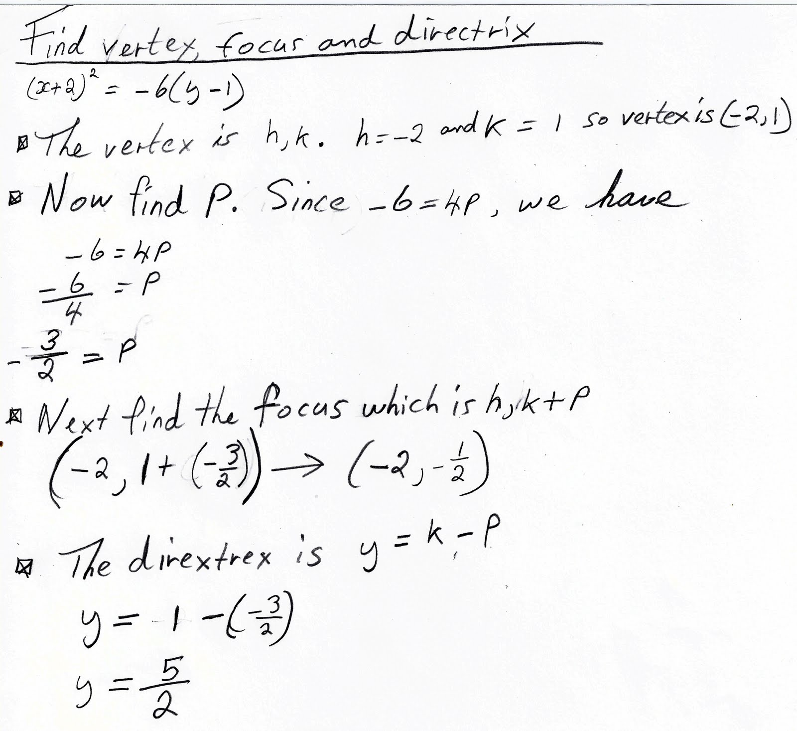 Algebra 2: Finding the vertex and directrix