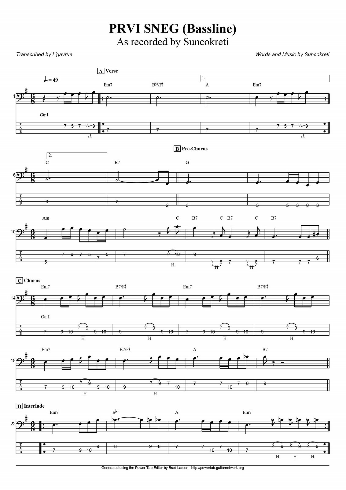 Bass transcriptions: Suncokret - Prvi sneg (Dolazi zima) (bas ...