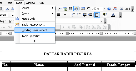 Membuat Header Tabel Otomatis pada Tiap Halaman MS Word