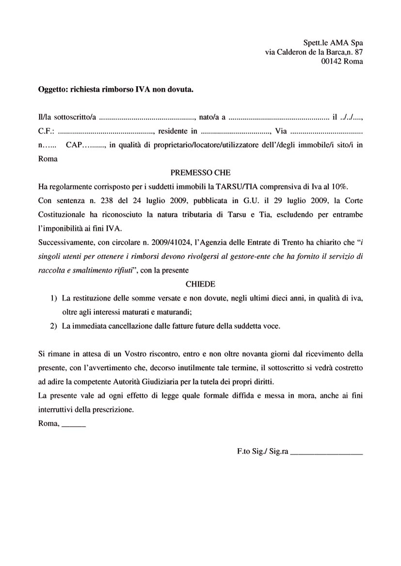Modulo richiesta rimborso IVA alla'AMA