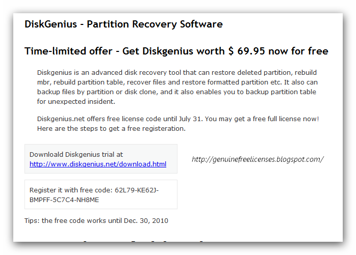 Genuine Softwares and Cool Tricks: Free Disk Genius 3 with a valid ...
