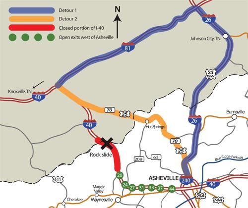Asheville North Carolina: Asheville: I-40 Rockslide Map, Travel Advisory