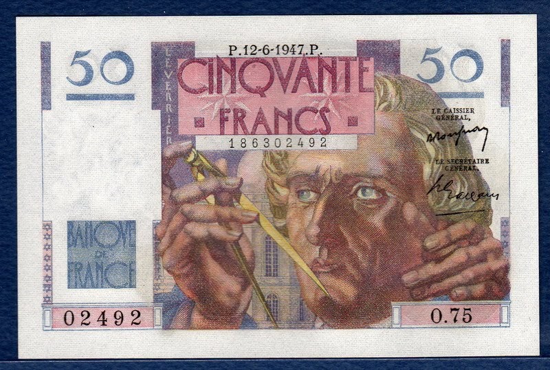 Banknotes of France 50 French Francs bank note of 1947 Urbain Le ...