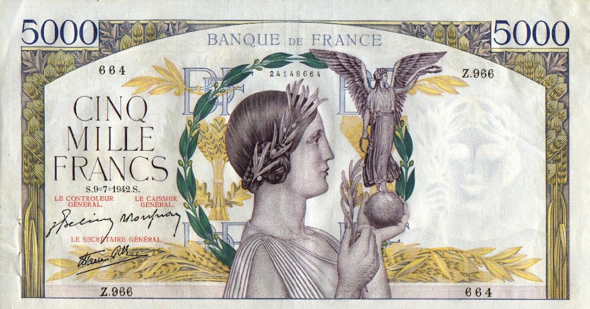 Currency of France 5000 French Francs Victory banknote of 1942 Banque ...