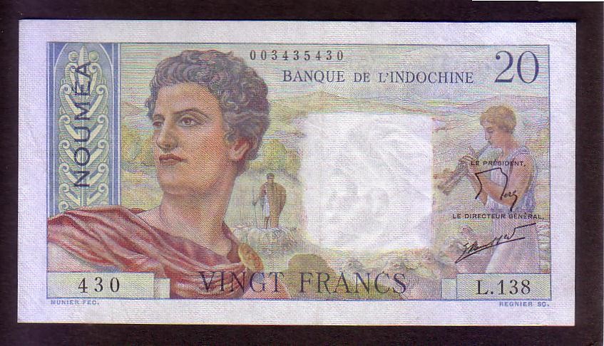 New Caledonia banknotes Noumea 20 Francs note 1951 Bank of Indochina ...