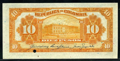 Colombia currency 10 Pesos Oro banknote of 1915, General Santander.