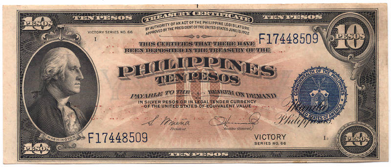 Philippine 10 Pesos banknote George Washington, Treasury Certificate ...