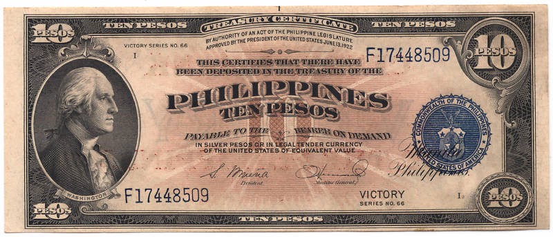 Philippine 10 Pesos banknote George Washington, Treasury Certificate ...