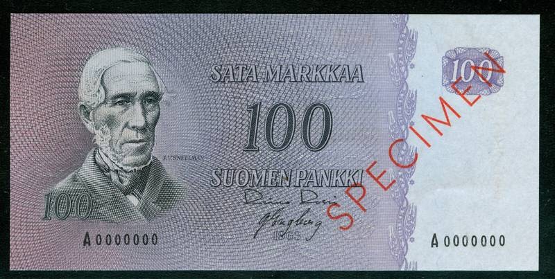 Finland Suomi currency 100 Finnish Markka banknote 1963 Johan Vilhelm ...