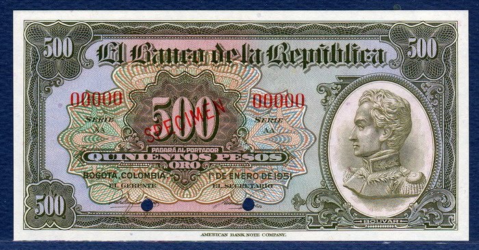 Colombian money 500 Pesos banknote of 1951 Simon Bolivar|World ...