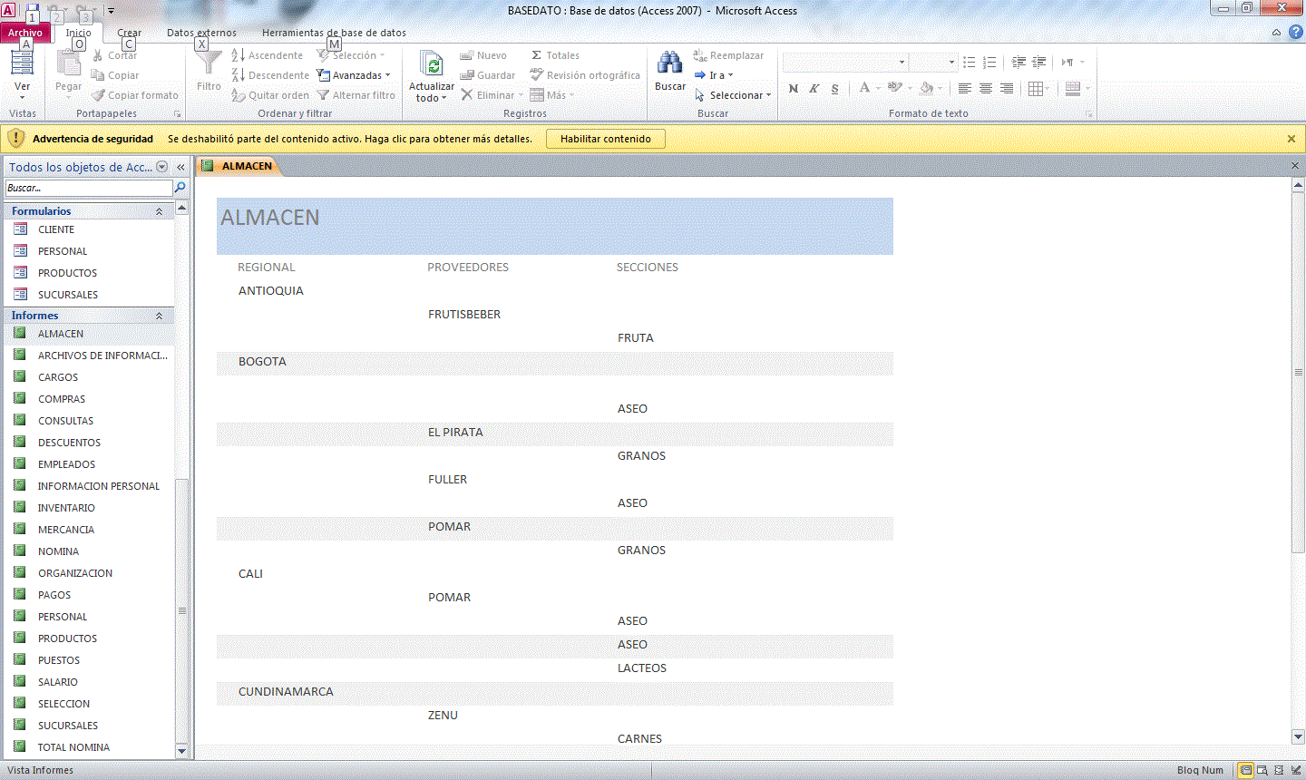 GESTION DE BASE DE DATOS: TABLA INFORME EN ACCES