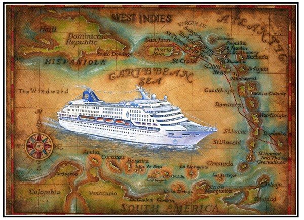 Painted vintage Cruise Ship itinerary maps by artist Robert Hummel