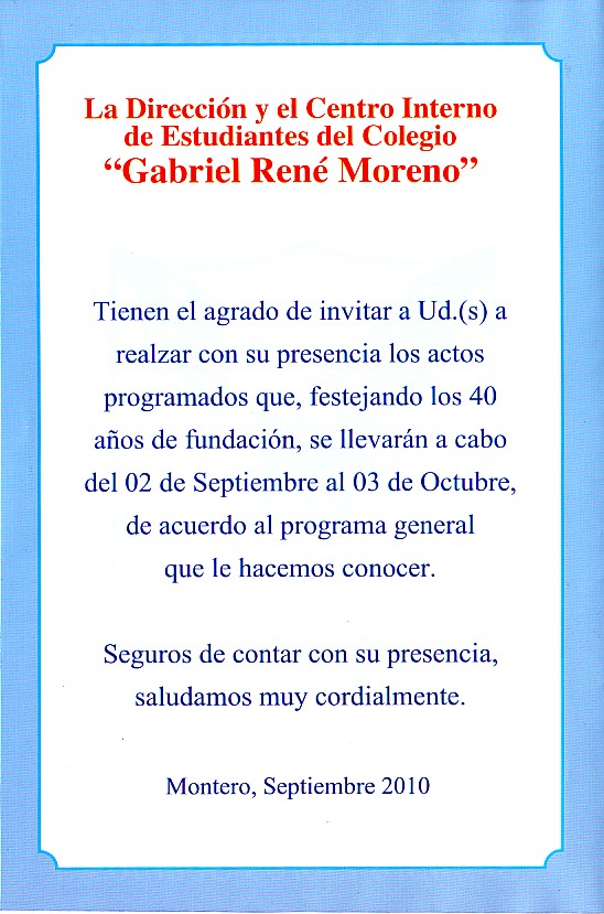 COLEGIO "GABRIEL RENE MORENO" - MONTERO: PROGRAMACION MES ANIVERSARIO ...