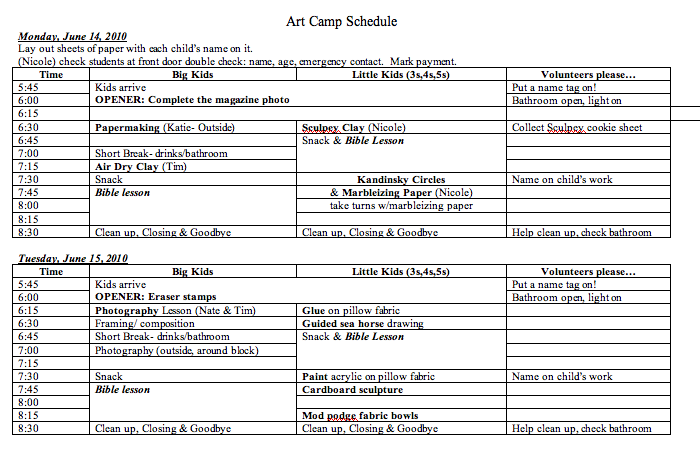 Art Camp: Schedule Layout