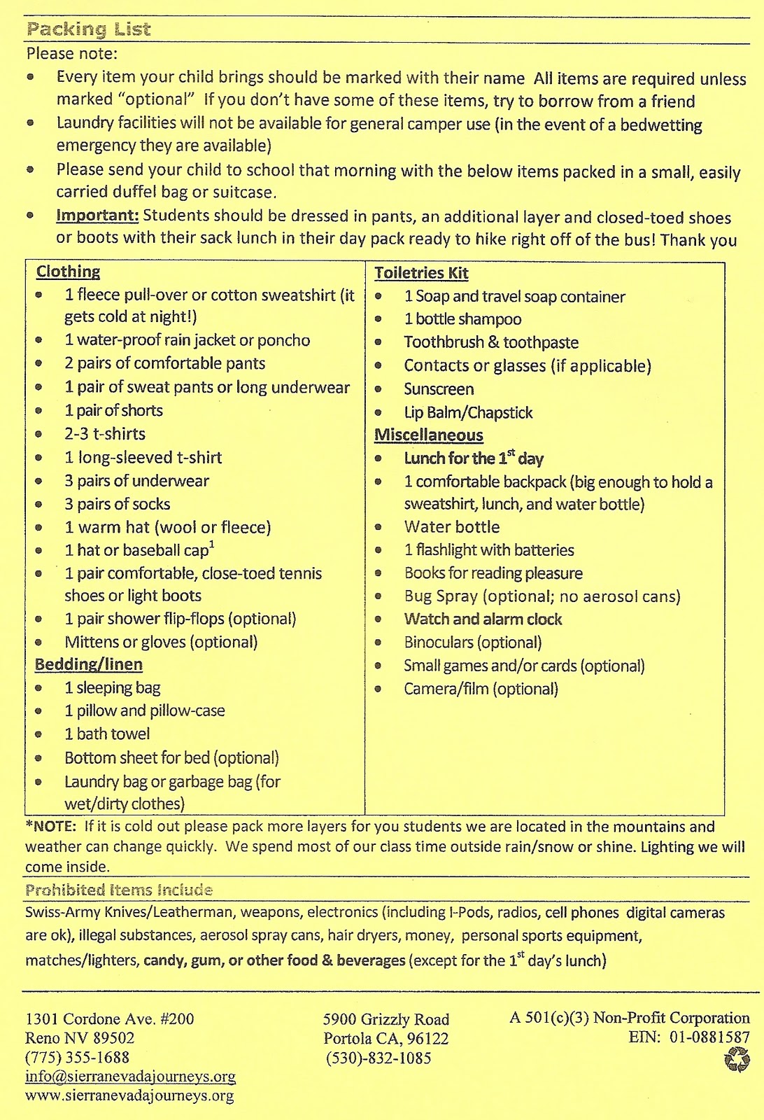 Dr. Brock's Class: Packing List- Grizzly Creek Ranch