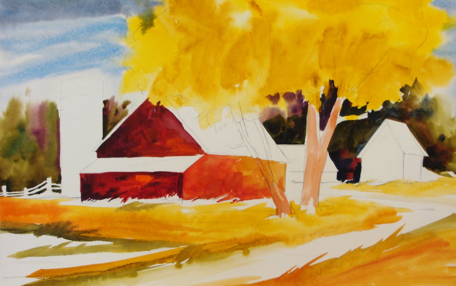 Kathy Los-Rathburn, watercolorist: Fall Barn II - step-by-step