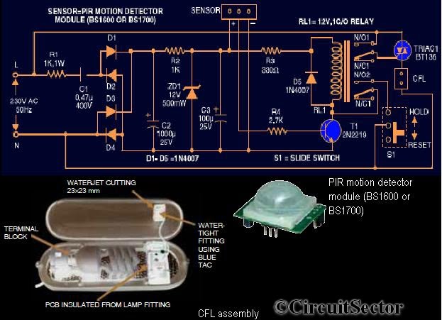 Motion Sensor For Security Light Using PIR BS1600 | Top Circuits
