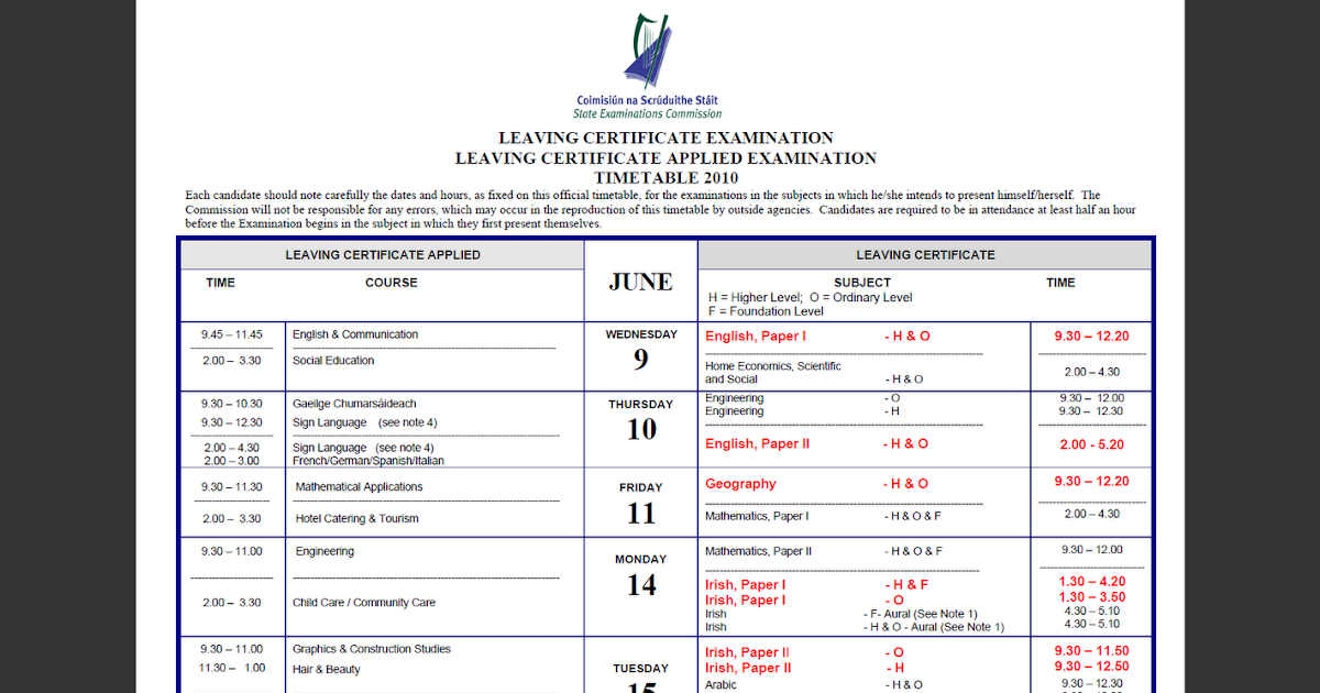Study Chatter Box: The Leaving Cert Timetable