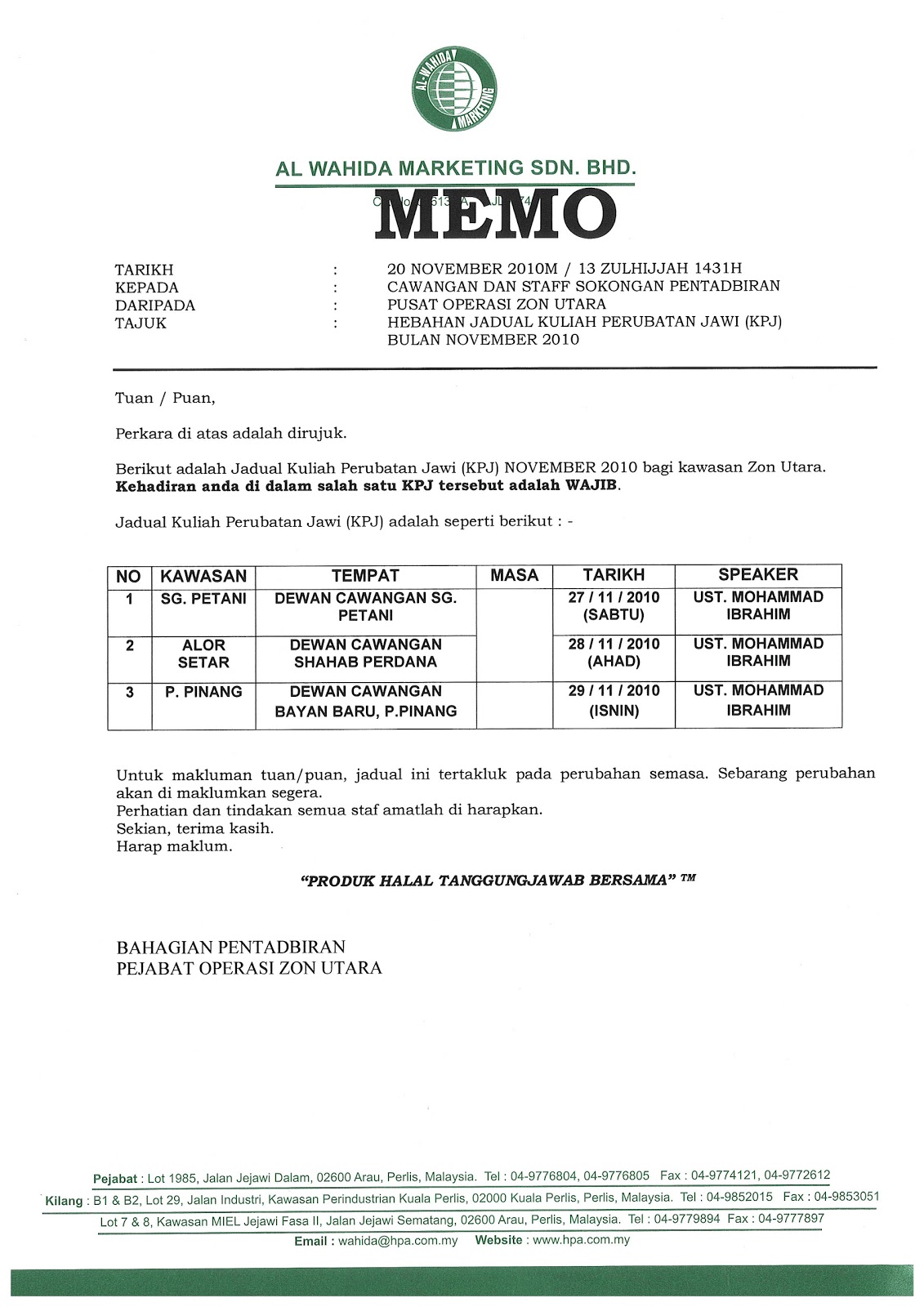 PUSAT OPERASI ZON UTARA: November 2010