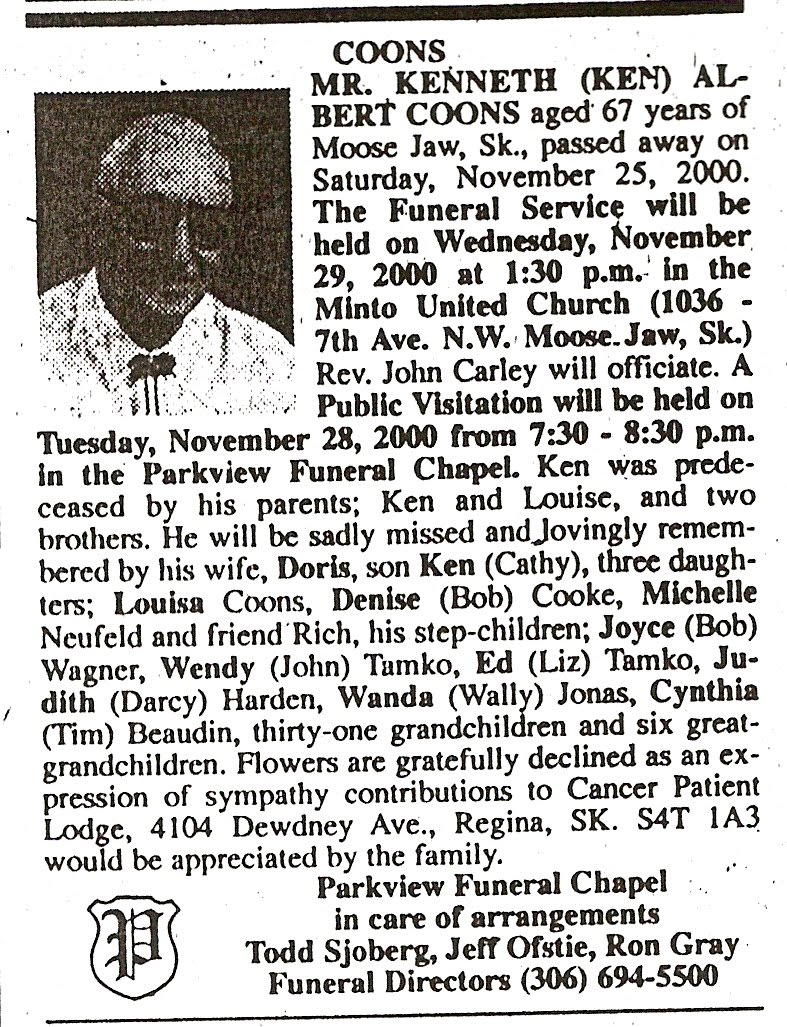 Births, Marriages & Deaths 1889-1969: Kenneth Albert Coons MJTH 27 Nov 2000