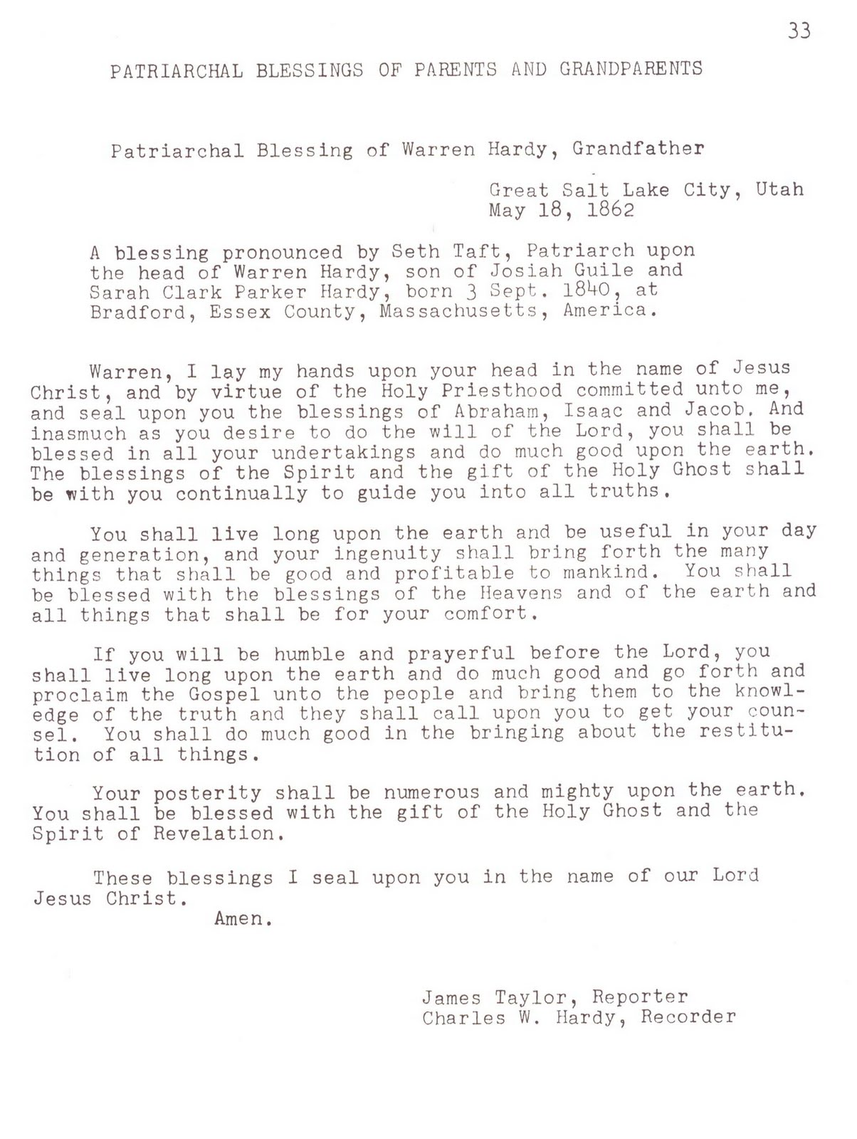 Dudley Hardy Family Tree: Warren Hardy ~ Patriarchal Blessing