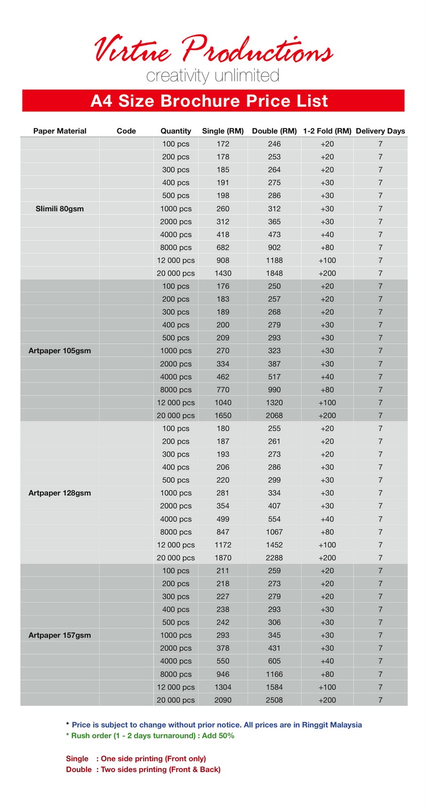 Virtue Productions Online Printing: PRICE LIST