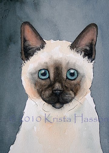 Siamese Cat and a Pug Dog done in Pen & Ink with Watercolor