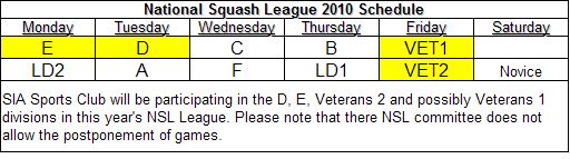 SIA Group Sport Club Squash Section: NSL 2010 Fixtures