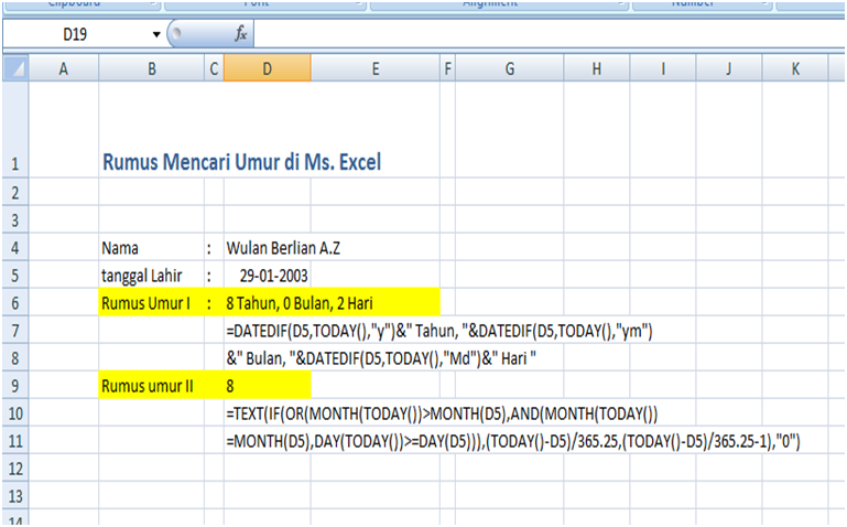 LKP. TOKADA KOMPUTER: Rumus Mencari Umur di Ms. Excel
