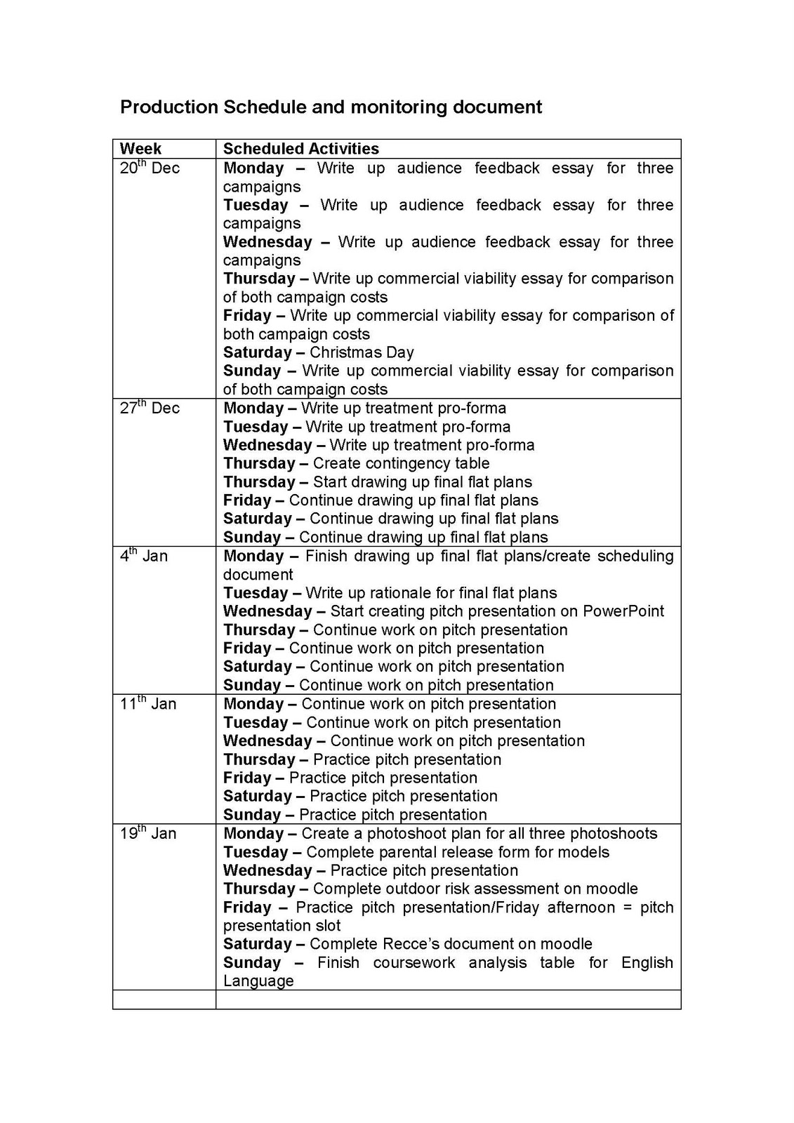 Holly Grant: Scheduling Document