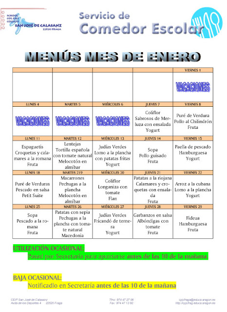 AMYPA SAN JOSE DE CALASANZ: MENU COMEDOR ENERO