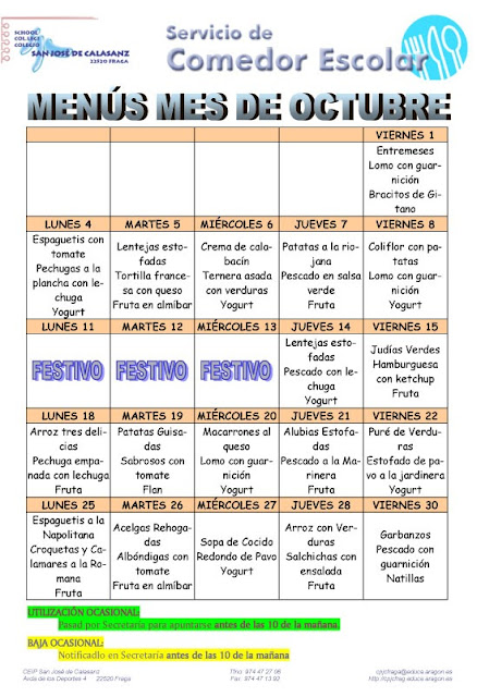 AMYPA SAN JOSE DE CALASANZ: MENU COMEDOR MES DE OCTUBRE
