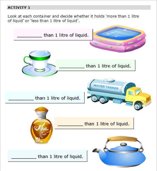 VOLUME OF LIQUID: WORSHEET( MEASURE VOLUME OF LIQUIDS USING STANDARD UNIT)