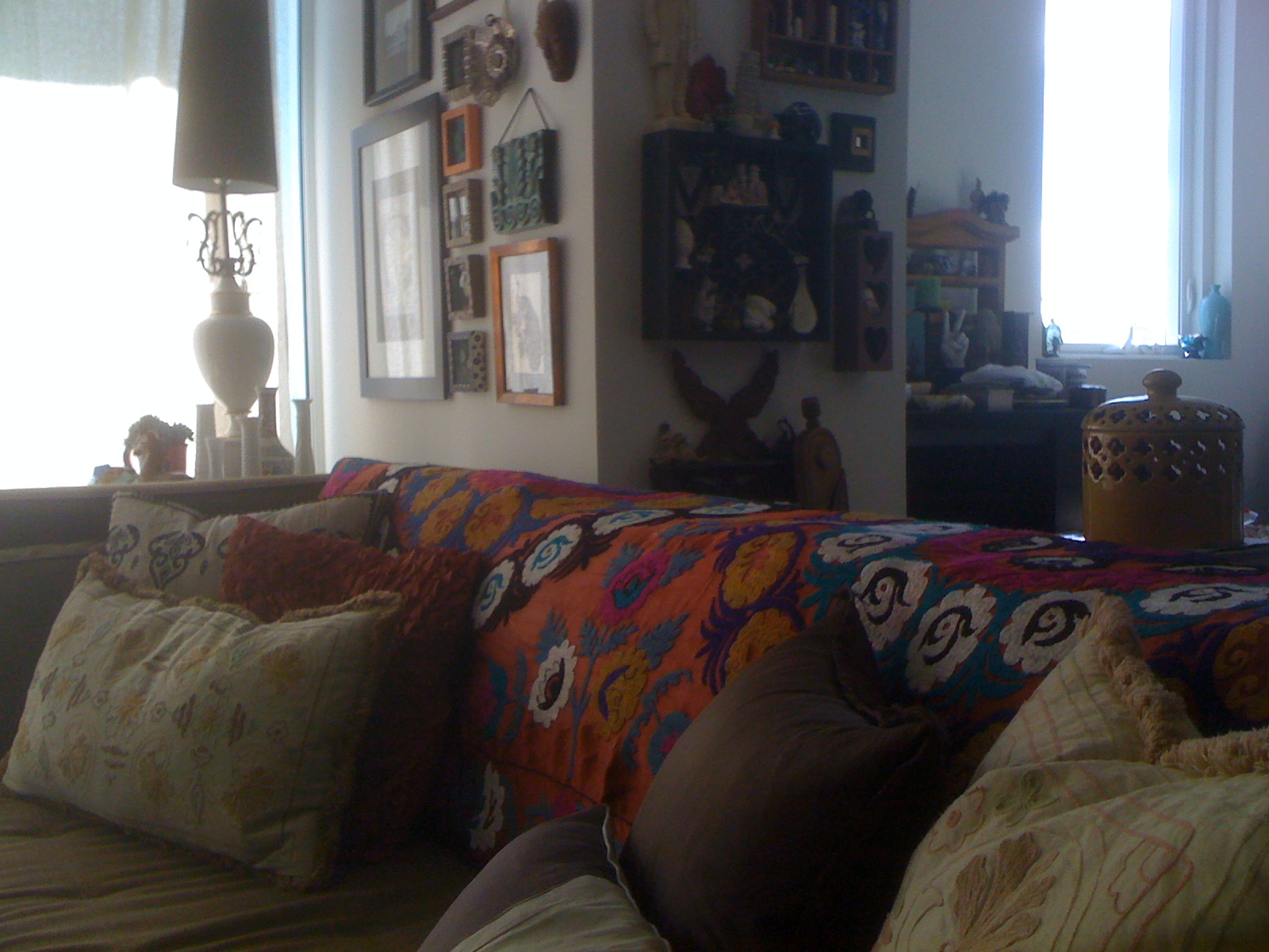 Suzani Sofa, Wall Art and Shadow Box Trinkets