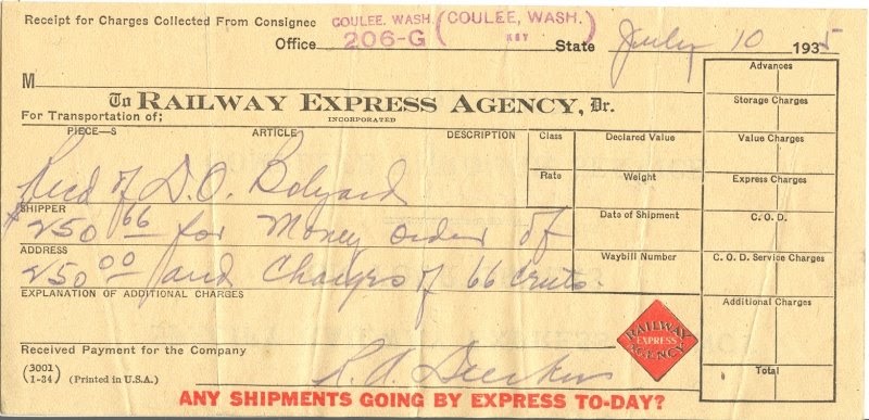 Big Bend Railroad History: Railway Express Agency Receipt