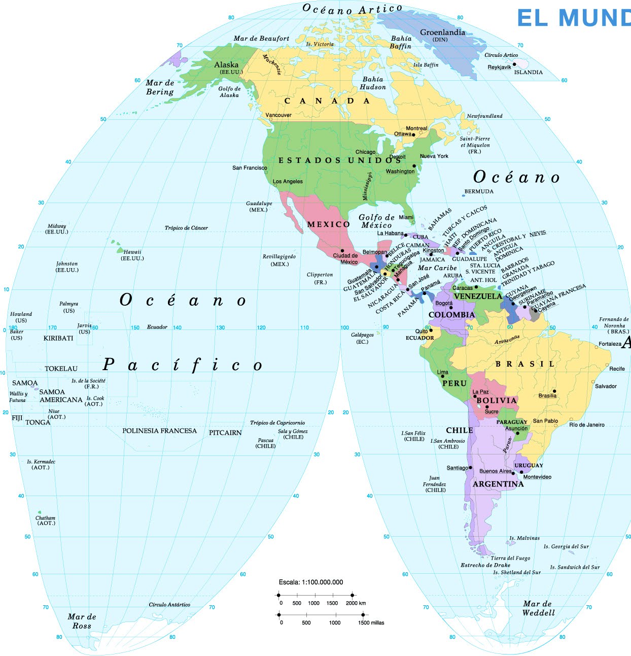 Mapa del continente americano con nombres y capitales - Imagui