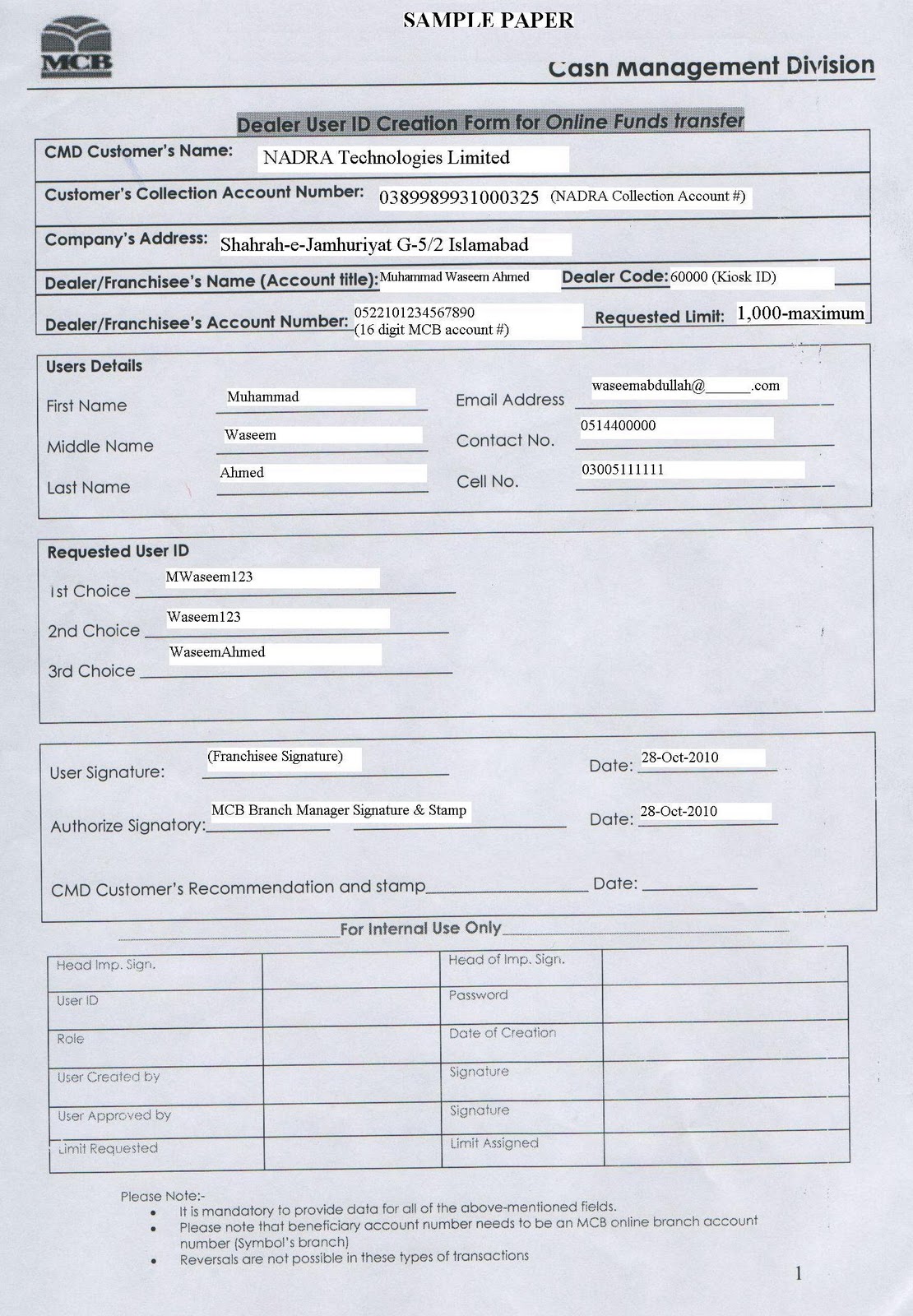 MCB Sample Form - Nadra e-Sahulat