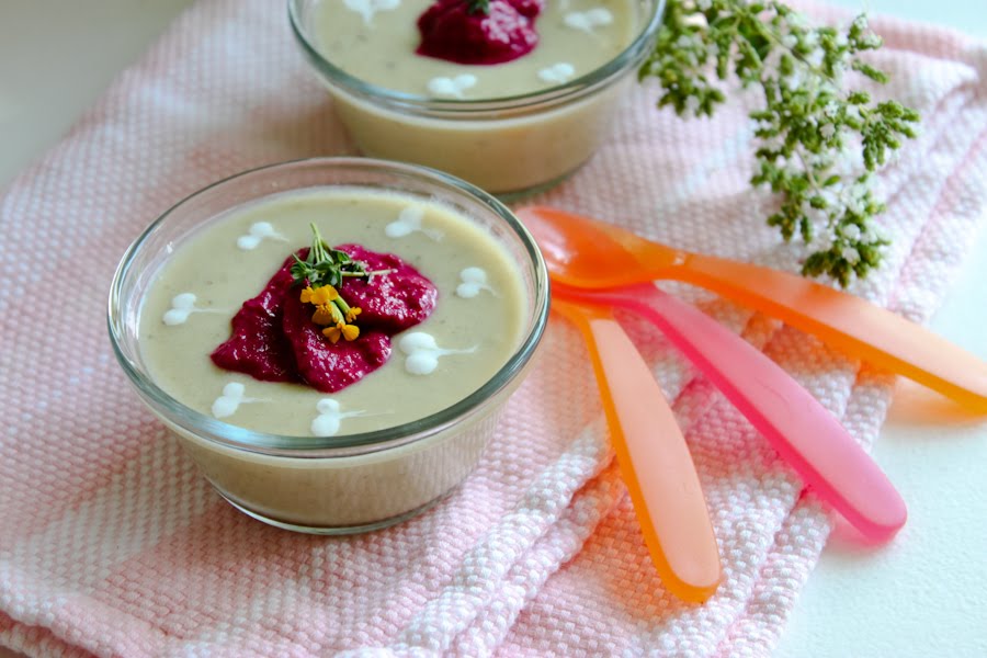 fleur de sel: cold cucumber-avocado soup with beet mousseline