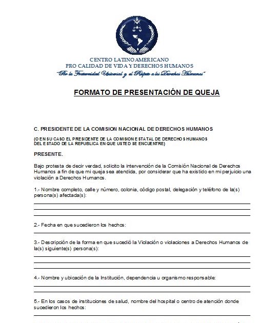 DERECHOS HUMANOS: FORMATO PARA PRESENTAR UNA QUEJA