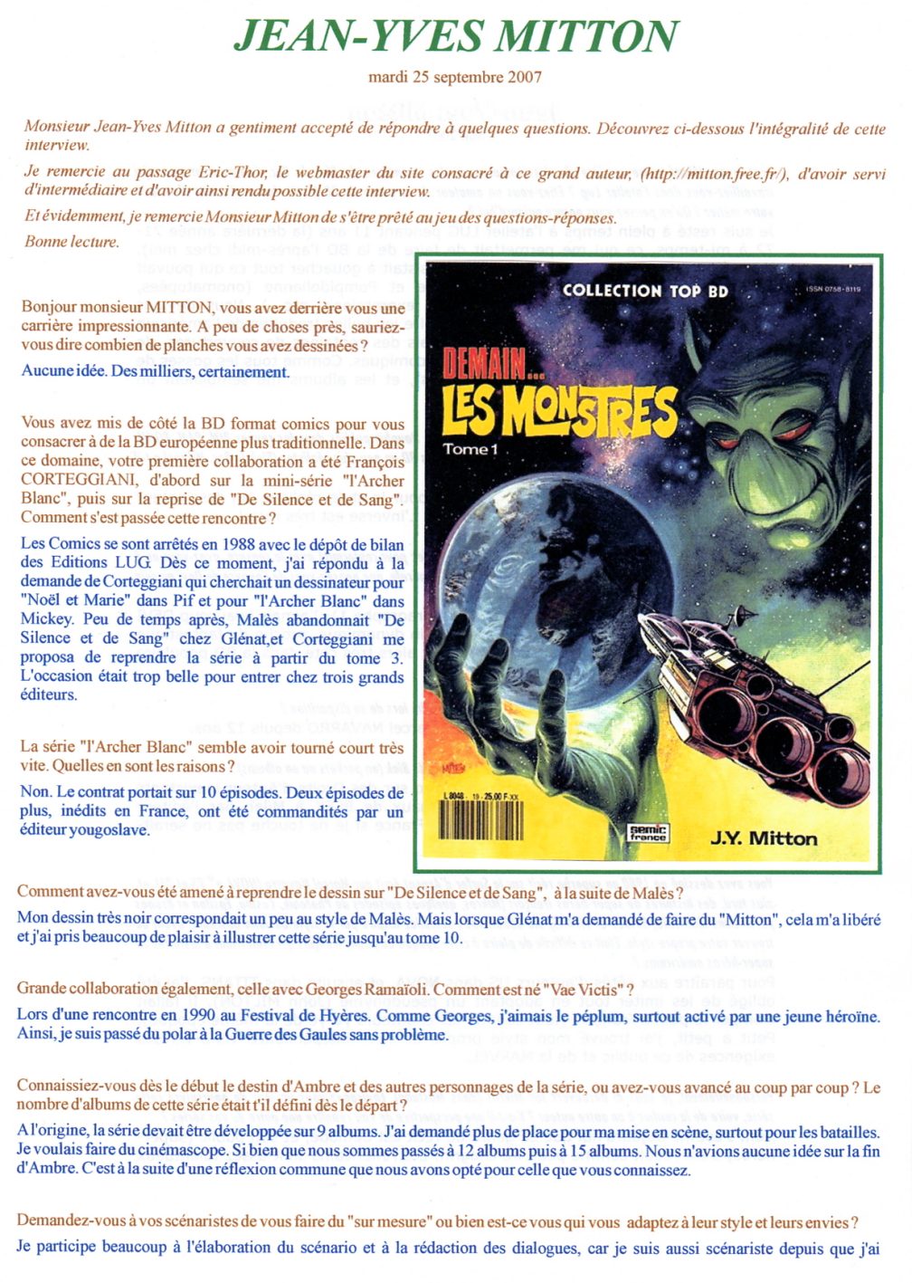 INTERVIEWS BD: JEAN-YVES MITTON : septembre 2007