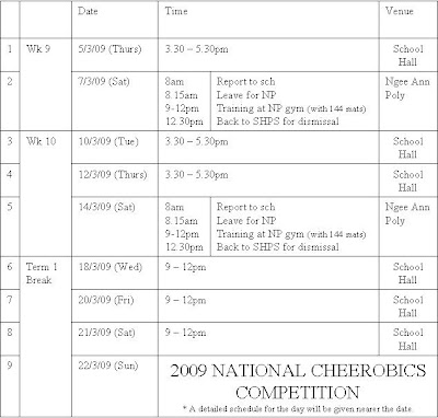 SHPS CHEERLEADING CLUB: Training schedule from 5/3/09 to 22/3/09