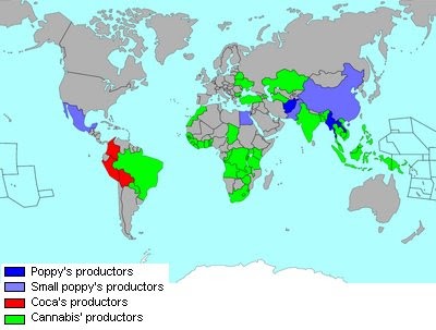 Drugs' Impact In Producing Countries: World map of drugs producer countries