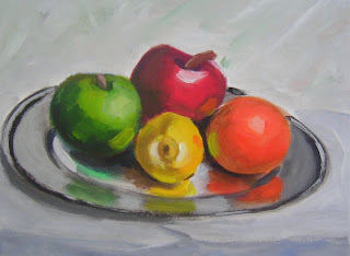 Malerei von Wanda Kociniak: Stilleben mit Obst, Acryl auf Pappier 24x30