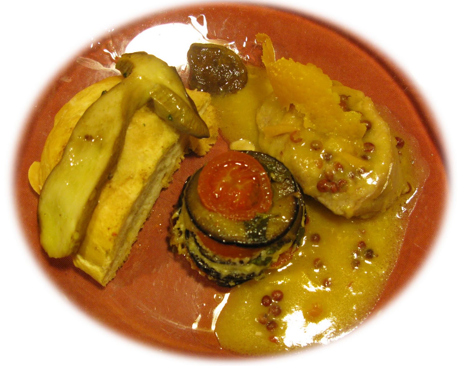 Veal fillet with red pepper and orange. Flan with eggplant, porcini ...