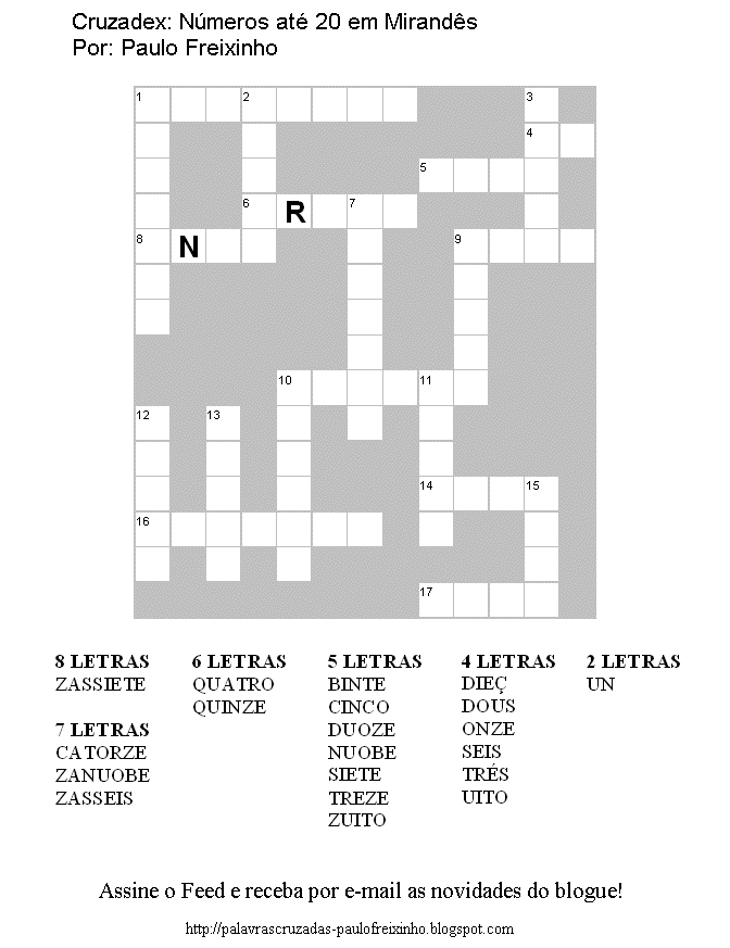Palavras Cruzadas - Paulo Freixinho: Números até 20 em Mirandês
