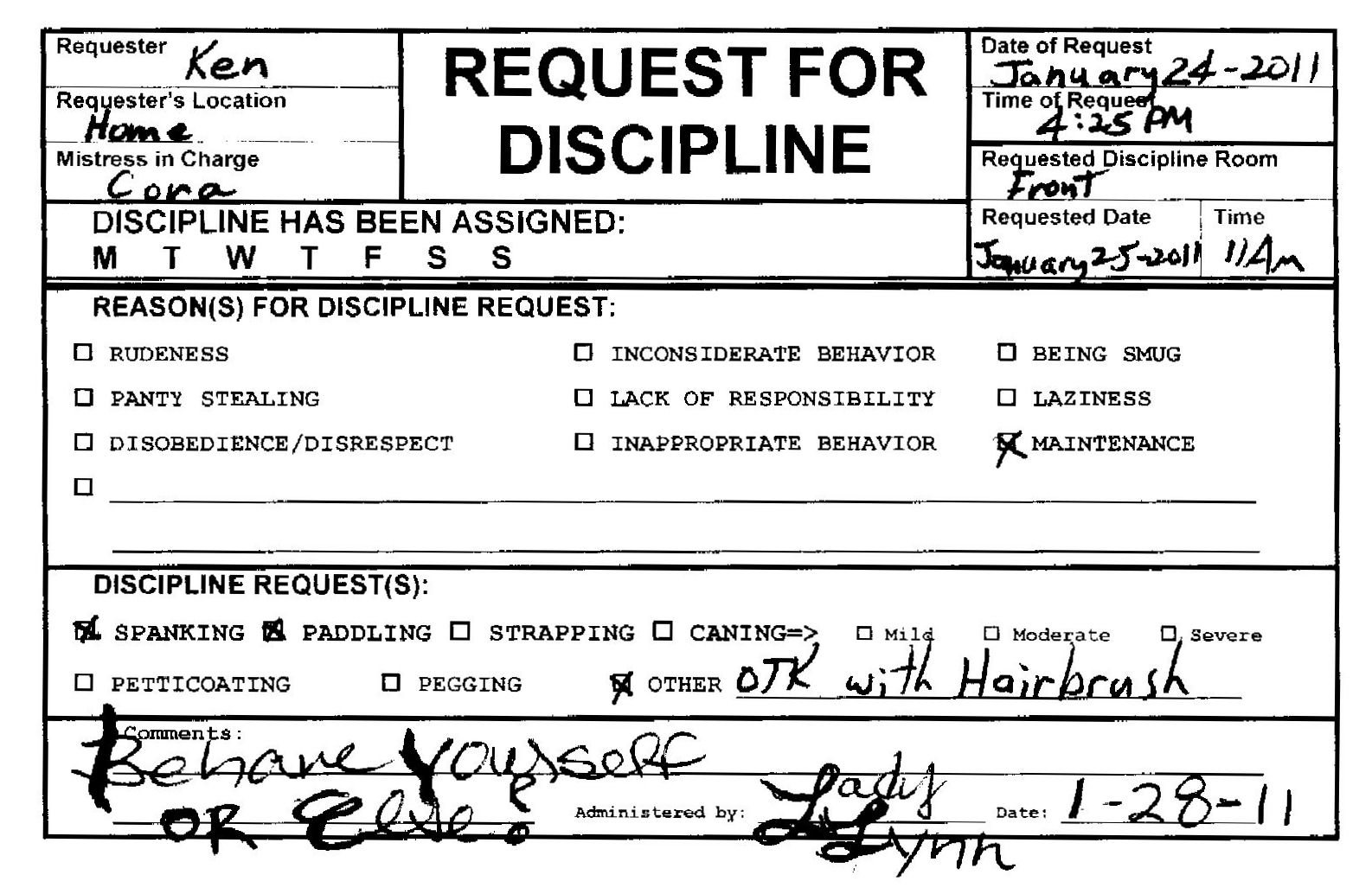 SpankedByMyLady: Request For Discipline - A Follow Up