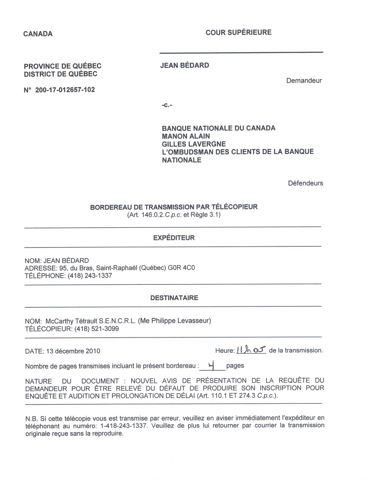 Requête - Articles 110.1 ET 274.3 C.p.c.: Nouvel avis de présentation ...