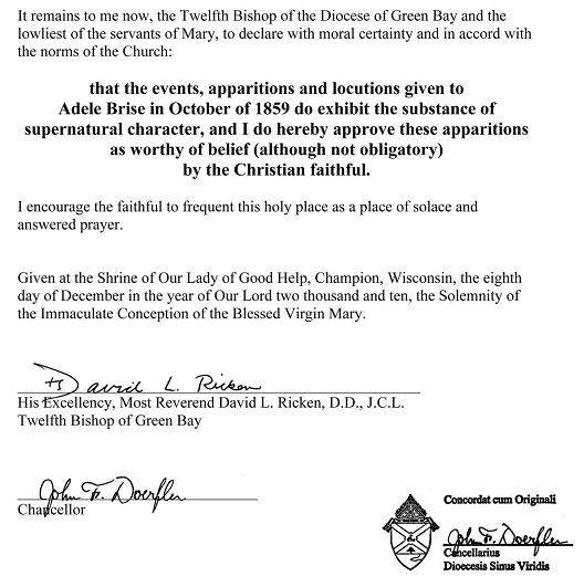 The Badger Catholic: Our Lady of Good Help decree